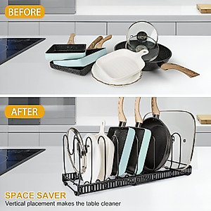 Expandable Pots and Pans Organizer Rack for Cabinet【Updated】10 Dividers, Adjustable Pot Pan Lid Holder, Multi-Functional Frying Pan Drying Rack, Cutting Board Holder Rack(Black)