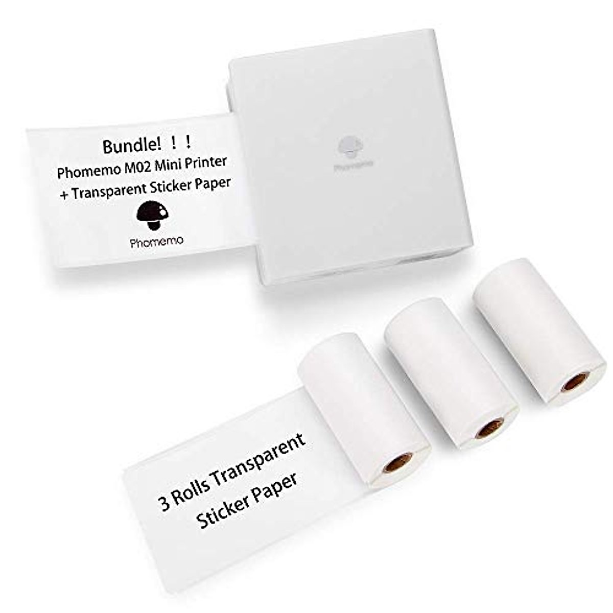 Phomemo M02 Mini Mobile Printer- Bluetooth Thermal Photo Printer with 3 Rolls Transparent Sticker Paper, Compatible with iOS + Android for Plan Journal, Study Notes, Art Creation, Work, Gift