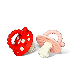 RaZbaby Chompy Teether for Infant & Baby 3M+ Teether Toy with Massaging Bristles for Teething Relief Pacifier - Soothes Sore Gums - Hands-Free & Easy-to-Hold Teether, BPA Free - RED/Pink