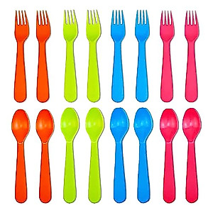 Jawbush 16 Pcs Kids Forks and Spoons Set, Plastic Toddler Utensils Kids Silverware Set with Bright Colors, Reusable Durable Flatware Set for Lunch Box, Easy to Use Both for Kids or Adults, BPA Free
