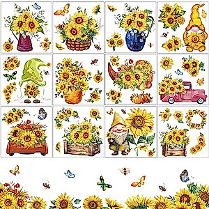 12 Sheets Sunflower Rub on Transfer Autumn Pumpkin Decor Stickers Transfers Fall Thanksgiving Vintage Flower Rub on Decal for Wood Furniture and Craft Journal Envelope Scrapbooking, 5.9 x 5.9 Inch