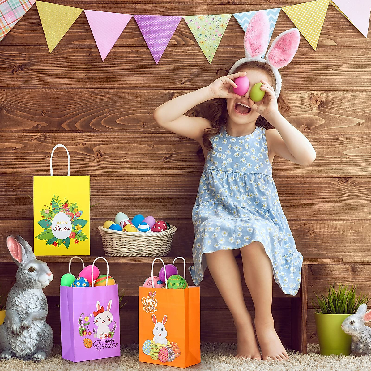 48 Pcs Easter Bunny Gift Bags with Handle, Easter Egg Candy Bags Easter Bags for Treats Easter Egg Hunt Bags Easter Paper Bag for Party Supplies, Goodie Treat Bag