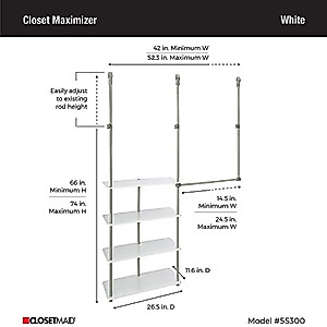 ClosetMaid 55300 Closet Maximizer with (4) Shelves & Double Hang Rod, Tool Free Add On Unit, White Finish,11.6 x 53 x 74 inches
