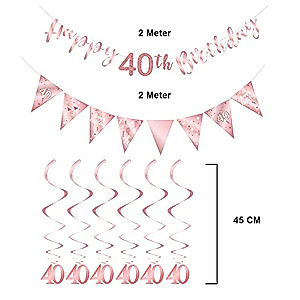 Rose Gold 40th Birthday Decoration for Girls, Happy 40th Birthday Banner Bunting Swirls, Triangle Flag Banner for 40 Birthday Party Decorations Supplies