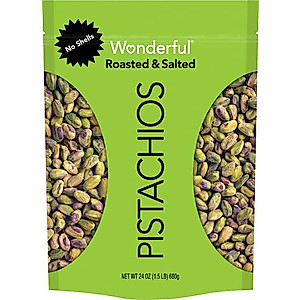 Wonderful Pistachios, No Shells, Roasted & Salted Nuts, 24 Ounce Resealable Bag, Good Source of Protein, Gluten Free, On the Go Snack