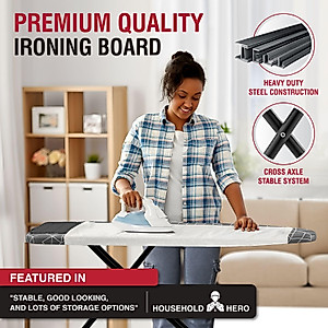 Xabitat Full Metal Ironing Board 48" X 15" with Silicon Iron Rest, Wall Mount & Closet Hanging Hook, Built-in Iron Caddy, Full Metal Heavy Duty Construction, Heat & Scorch Resistant Fabric