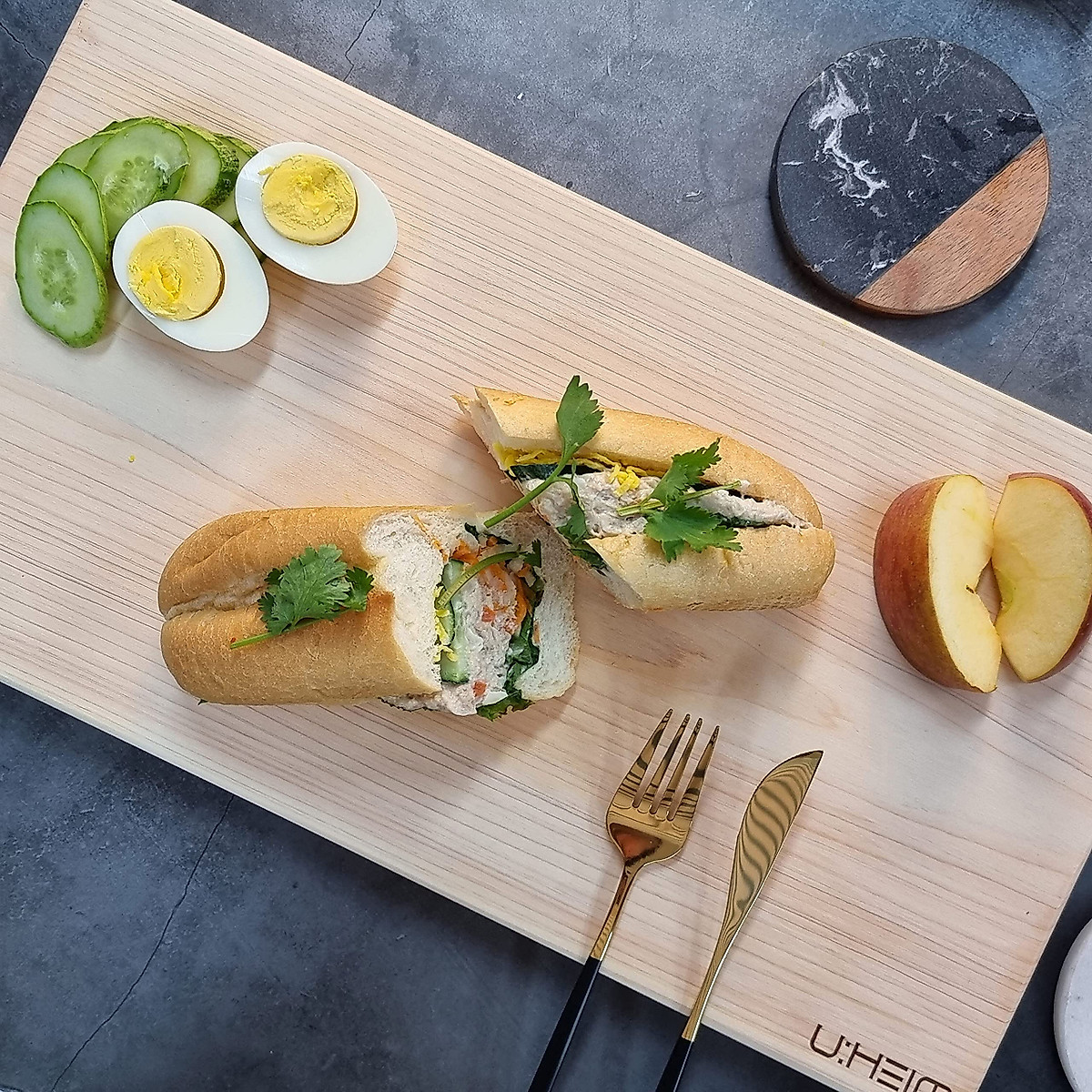 UHEIM Premium One-Piece Cypress Hinoki Solid Wood Cutting Board, Korean Cutting Board for Kitchen, Chef. Wooden Kitchen Double Chopping, Cutting, Serving Board. Large, Middle, Small 3 Size (Middle)