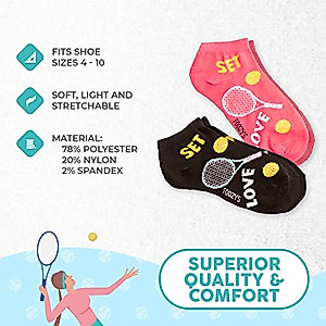 Foozys Women’s Low Cut No Show Socks - Tennis Cute Sport Themed Fashion Novelty Sock for Women - 2 Pairs Included in Two Colors - Girl Gifts, Sporty Racket Ball Stocking Stuffers