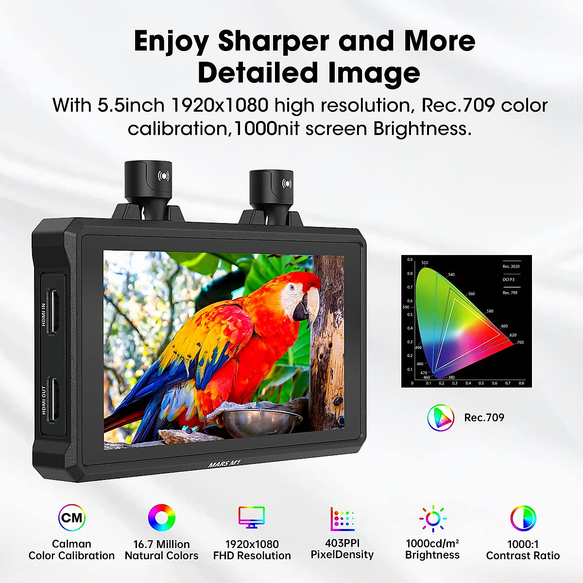 Hollyland Mars M1 [Official] 5.5” Camera Field Monitor Video Transmitter Receiver HDMI SDI Transmission System, 1000nit 3D LUT LCD Touch, 450FT Range 0.08s Latency, 2 Set