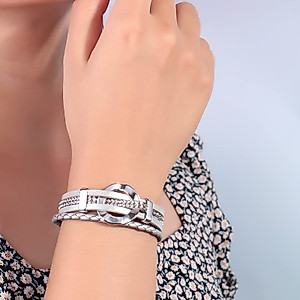 FANCY SHINY Leather Cuff Bracelet Circle Rhinestone Wrap Bracelet Stackable Multi Layer Wristband with Clasp Boho Jewelry Gift for Women(Silver)