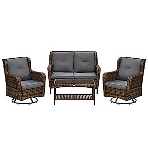 Outsunny 4 Piece PE Wicker Patio Furniture Set, Conversation Set with 2 360° Swivel Rocking Armchairs, 1 Loveseat Sofa, Thick Cushions and Glass Table Top Table, Gray