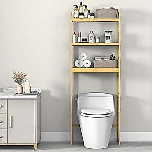 PINPON Bamboo Over The Toilet Storage Shelf, 3-Tier Bamboo Bathroom Shelf Organizer, Multifunctional Over Toilet Shelf Stand Rack Space Saver for Laundry Room, Restroom, Balcony, Bamboo