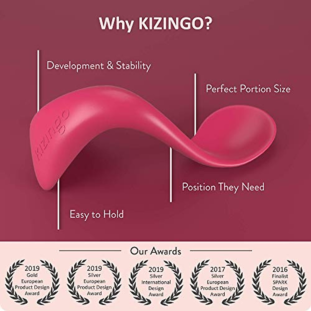 Kizingo Right-Handed Curved Baby Spoons for Toddler Self Feeding (2-Pack, Pink Raspberry and Mint Green)