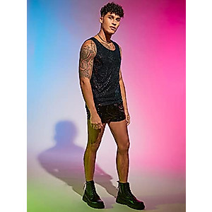WDIRARA Men's Sequin Sleeveless Round Neck Tank Top T Shirt Party Top Black Sequins M