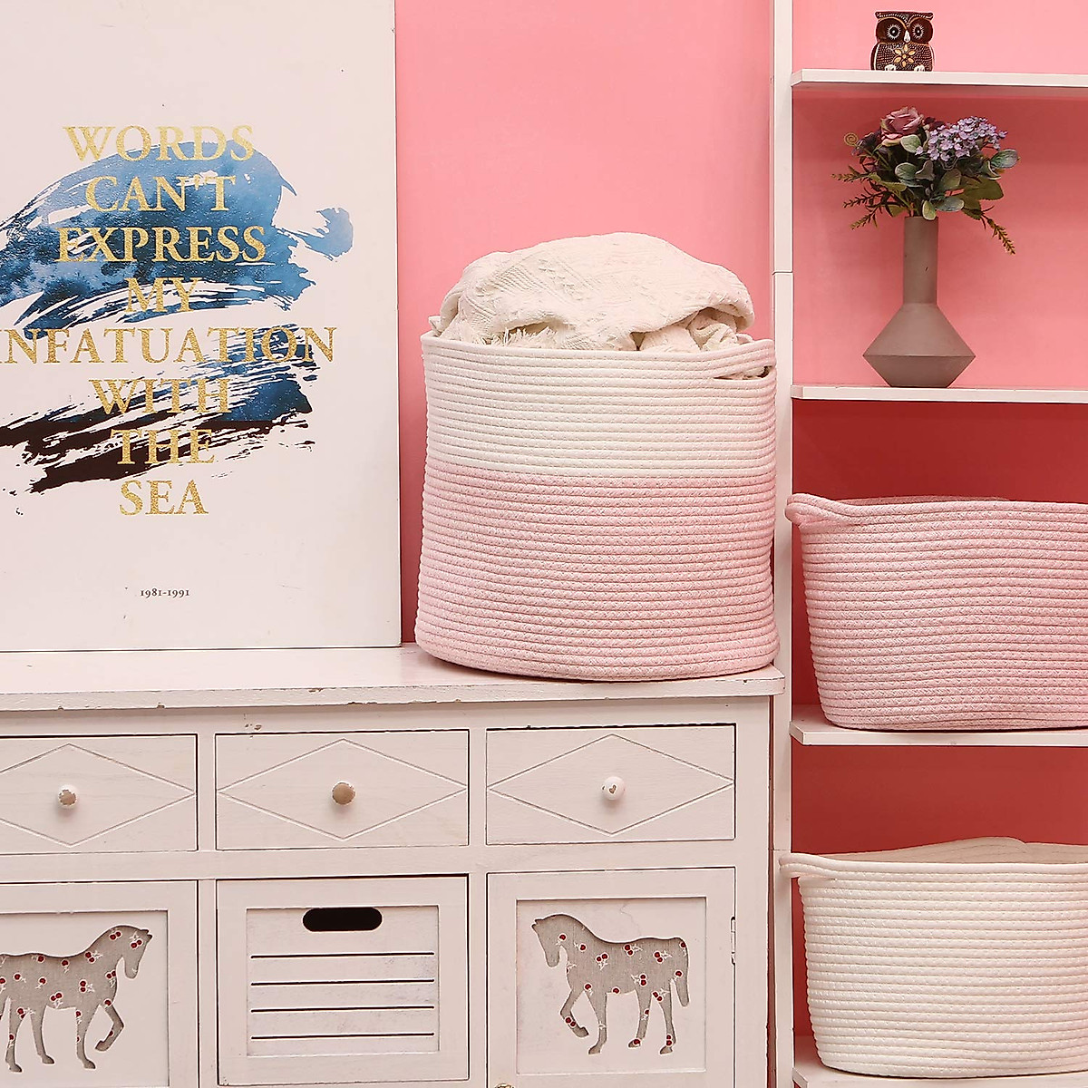 Sea Team Large Size Cotton Rope Woven Storage Basket with Handles, Laundry Hamper, Trunk Organizer, Clothes Toys Bin for Kid's Room, 15 x 13 inches, Round Open Design, White & Variegated Pink