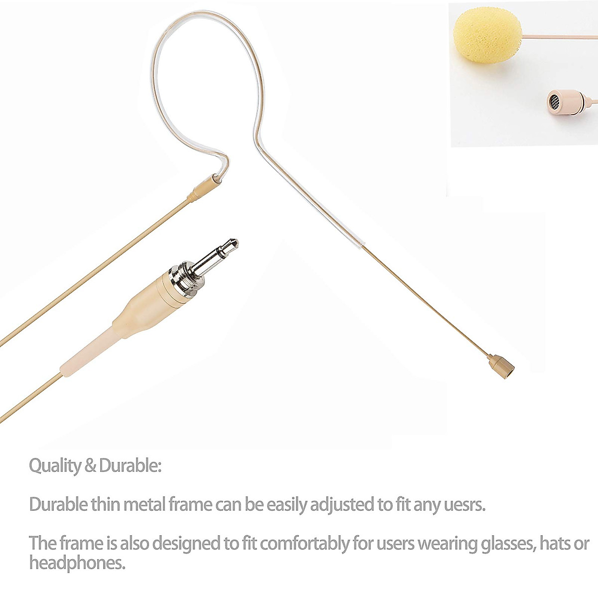 Sujeetec Headset Headworn Microphone - 3.5mm Thread Screw Lock Head Microphone for Wireless System & Body/Belt Pack Transmitter – Beige Single Earhook Omnidirectional Headset Head Mic