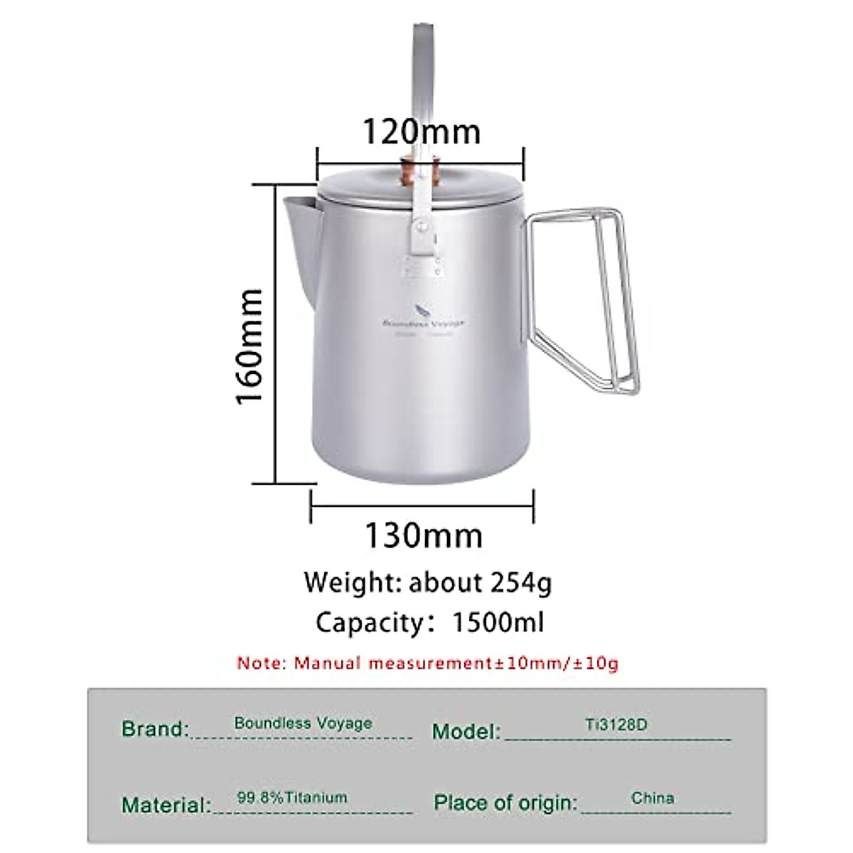 Boundless Voyage Titanium Camping Coffee Pot 1.5L Barista Kettle Coffee Maker Outdoor Traveling Campfire Stovetop Fast Brew Kettle, Capacity 50 Fl.Oz