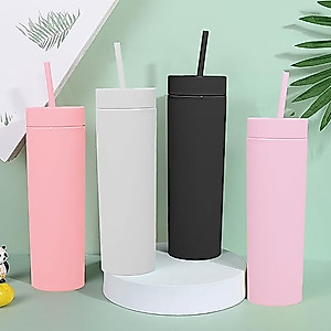 Skinny Tumblers with Lids and Straws Bulk.Matte White Slim Tumbler Cups with Straws.22 oz Plastic Pastel Double Walled Acrylic Skinny Tumbler Set for Smoothie Ice Coffee.Customizable DIY Gift.