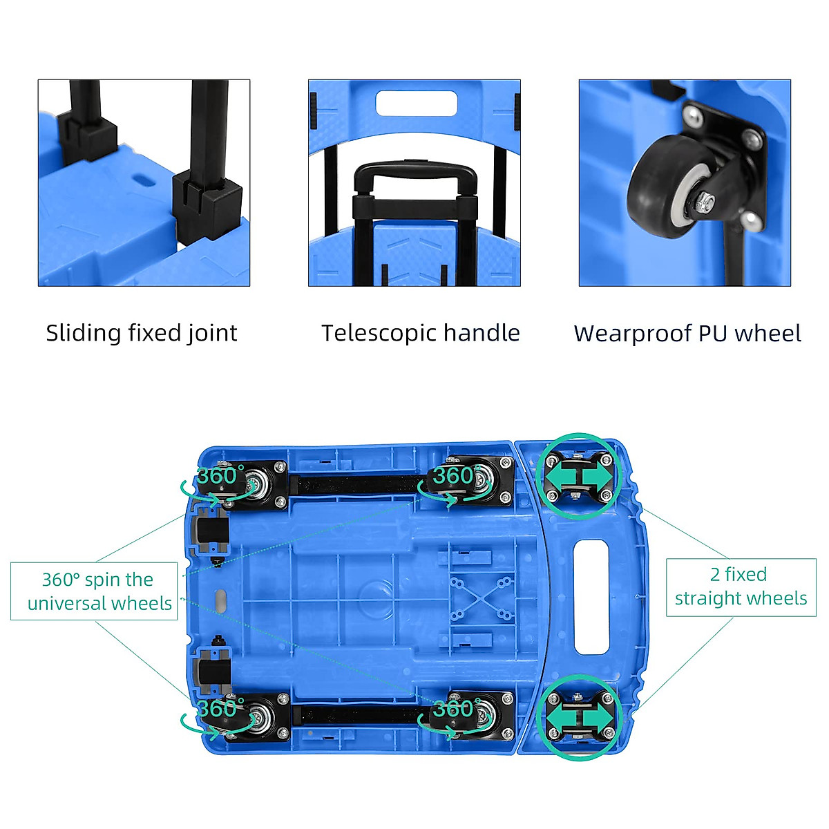440 lb Folding Hand Truck, Heavy Duty Utility Dolly Platform Cart with Anti-Skid Strip, Luggage Cart with 6 Wheels, Blue