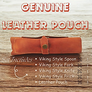 Generic Hand Forged Black Silverware Set With Leather Cover- Medieval 4 Pcs Kitchen Utensils Set, Viking Cutlery Set Knife Spoons And Forks Set- Dinnerware Sets, Kitchen Utensils And Flatware Set