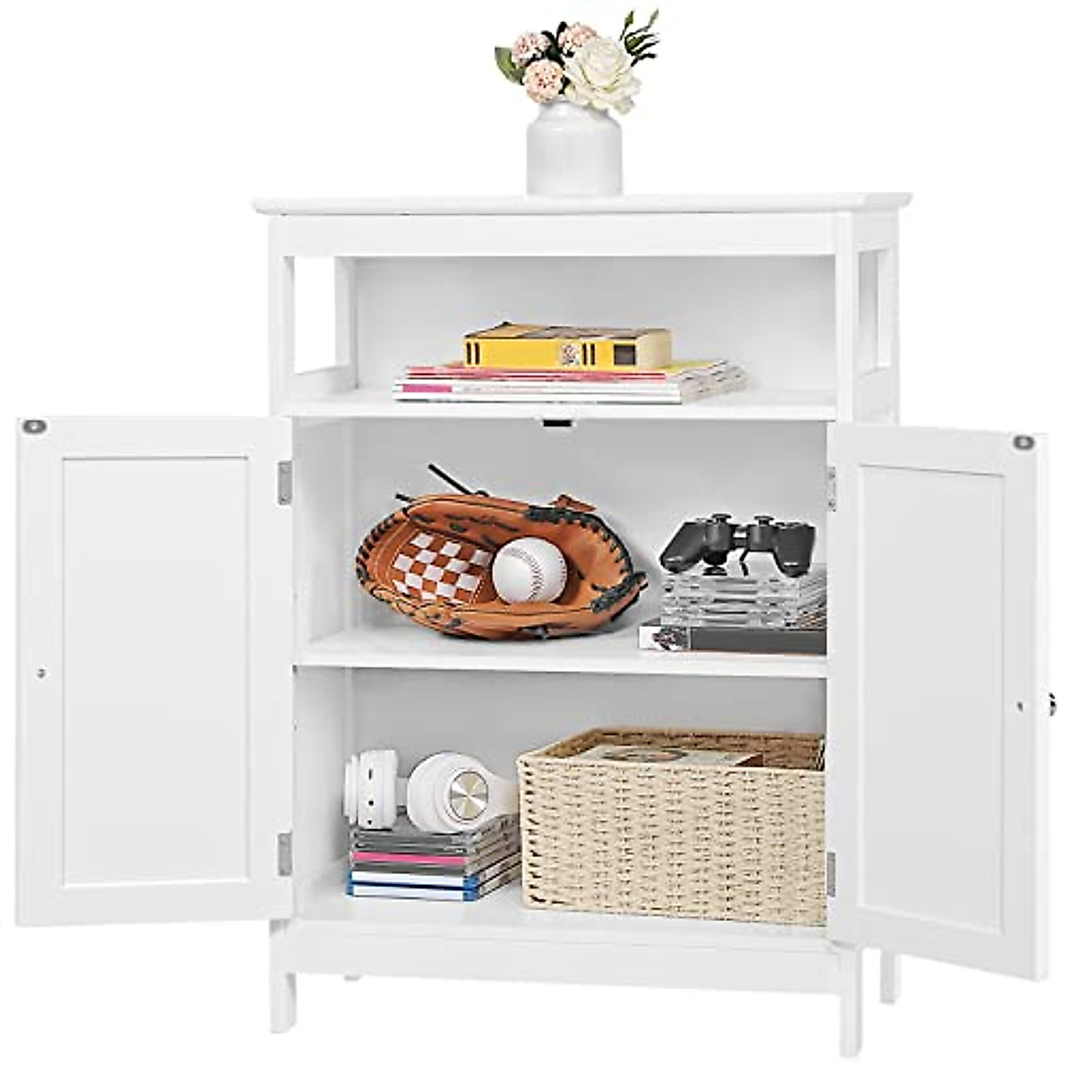 Yaheetech Bathroom Floor Storage Cabinet, Wooden Free Standing Storage Organizer with 2 Doors & Adjustable Shelves, for Living Room Hallway, White