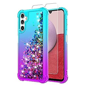 YZOK for Galaxy A14 5G Phone Case,Samsung A14 5G Case,with HD Screen Protector,Gradient Quicksand Glitter Liquid Floating Cute Phone Case for Samsung Galaxy A14 5G (Teal/Purple)