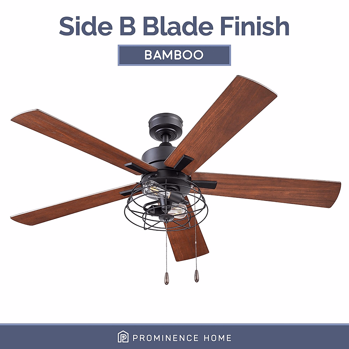 Prominence Home Marshall, 52 Inch Industrial Style LED Ceiling Fan with Light, Pull Chain, Three Mounting Options, Dual Finish Blades, Reversible Motor - Model 51457-01 (Matte Black)