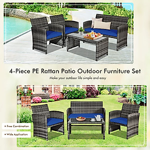 Toolsempire Outdoor Conversation Set, 4 Pieces Wicker Patio Furniture Set with Ergonomic Curved Design, Patio Chair Set with Water-resistant Cushion & Tempered Glass Table for Balcony,Porch(Navy Blue)