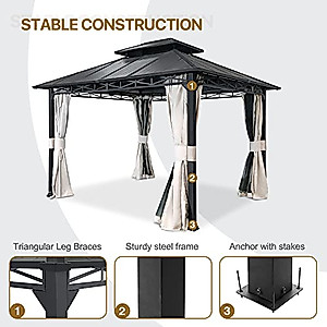 EAGLE PEAK 10x12 Outdoor Double Roof Hardtop Gazebo with Decorative Lattice Eave Steel Frame, Mosquito Mesh Netting and Light Beige Privacy Curtains, Backyard Patio Garden Gazebo Pavilion, Black