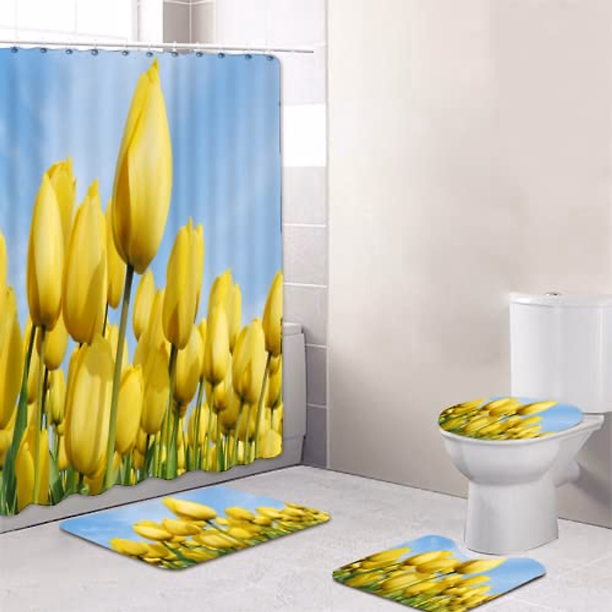 Tulip Shower Curtain Sets, Many Yellow Flowers Bath Curtains Polyester Fabric with Non-Slip Rugs, Toilet Lid Cover and U-Shape Mat for Bathroom Set 4 Pcs w/12 Hooks, 65"x72"