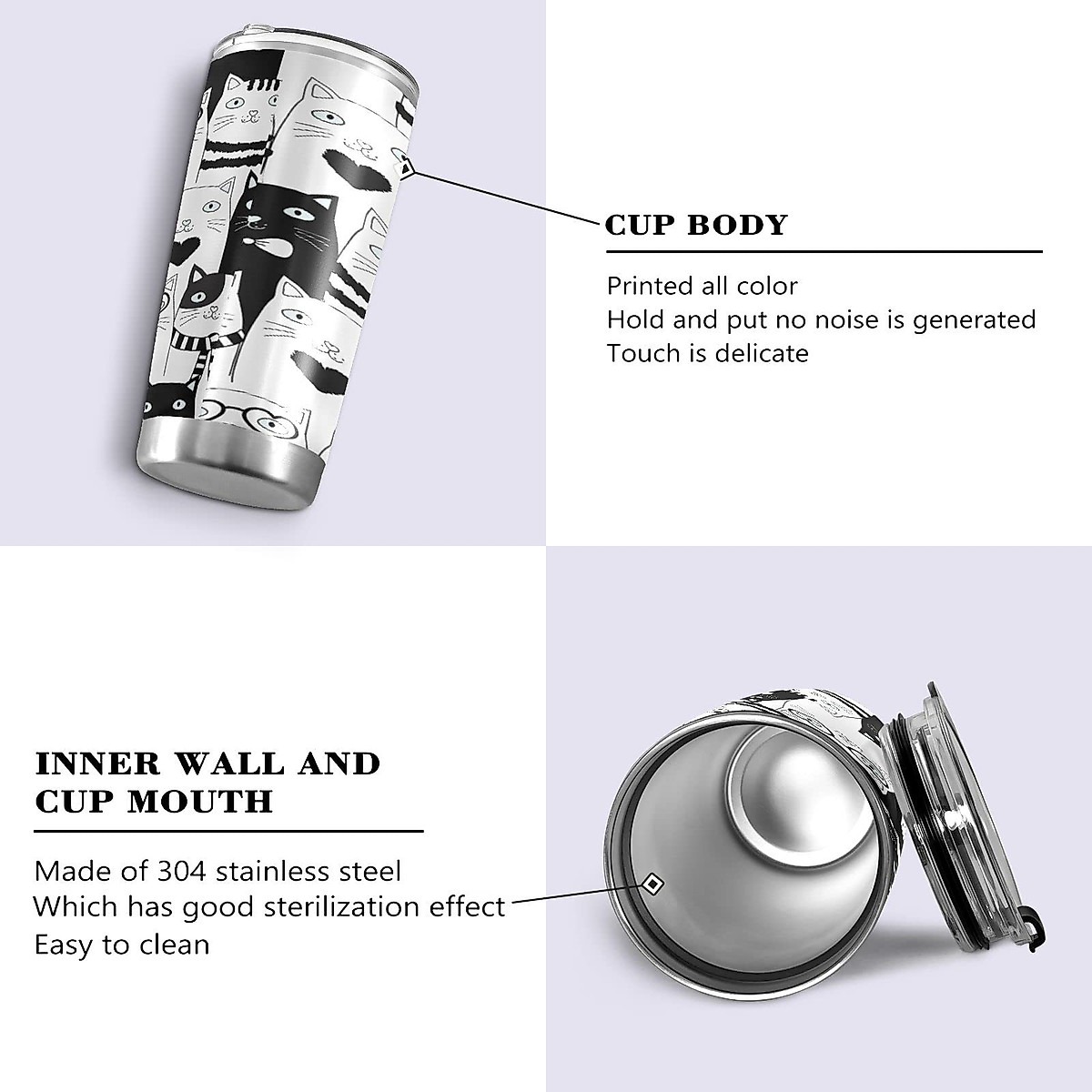 foixnub Black White Cat 20oz Tumbler Kitten Insulated Coffee Cup Wine Tumbler Stainless Steel Reusable Water Bottle Double Walled Travel Mug Thermal Cup for Hot Cold Drinks