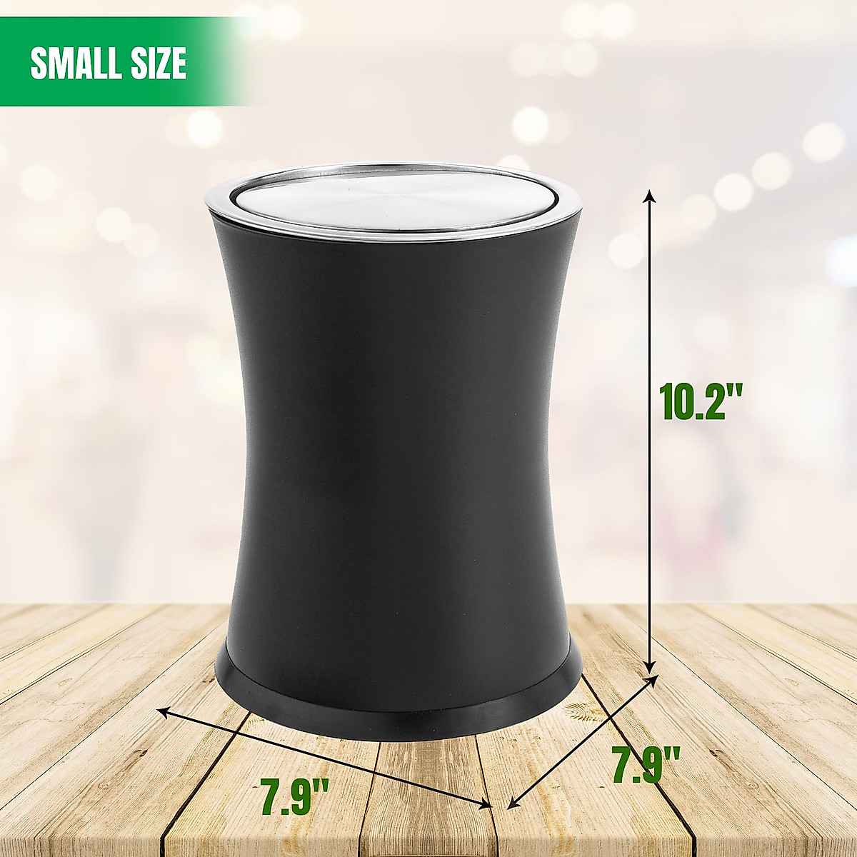 Bennett Swivel-A-Lid Small Trash Can, Metal Attractive 'Center-Inset' Designed Wastebasket, Modern Home Décor, Round Shape (Black)
