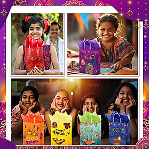 Kolldenn 48 Pcs Happy Diwali Gift Bags with Tissue Paper Festival of Lights Favors Bags with Handles Indian Diwali Goodie Gift Bags for Diwali Deepavali Party Indian Celebration Supplies Decoration