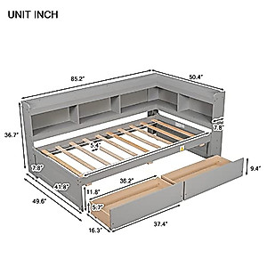 BIADNBZ Twin Size Platform Bed Daybed with L-Shaped Bookcases and 2 Drawers, Wooden Captain Bedframe w/Storage Headboard, for Kids Teens Adult, Bedroom/Living Room Furniture, Gray