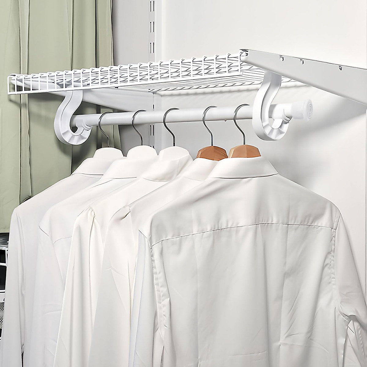 NamcheBarwa 4Pcs Hanging Closet Rod Support with 2 Pcs Metal White Closet Hanging Rod, J-Shaped 3/4 Closet Rod Bracket for Wire Closet Shelving Hanging Clothes