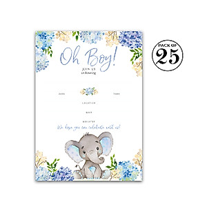 BLUE ELEPHANT Baby Shower INVITATIONS — Pack of 25 — BABY BOY Blank Fill-in Baby Shower INVITES, Oh Baby, Blue Floral BABY ELEPHANT BOY Baby Sprinkle Little Peanut Invitation SKU I531-INV1