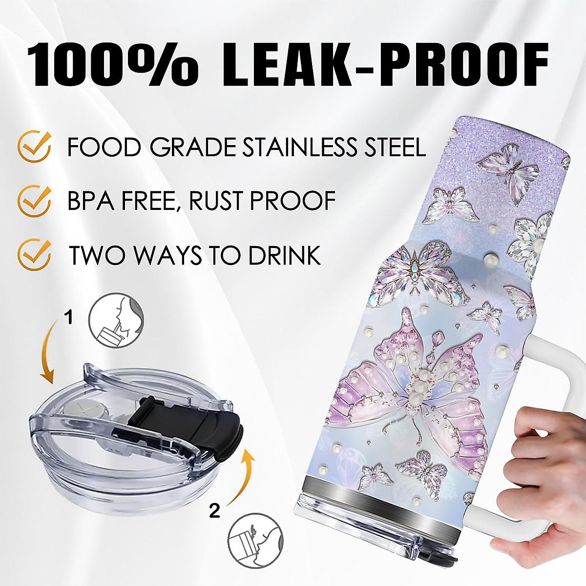 Butterfly Gifts for Women, Girls - 40oz Diamond Butterfly Tumbler with Handle - Birthday Gifts for Butterflies Lovers Cup - Purple Butterflies Gift for Mother's Day Christmas Coffee Travel Mug