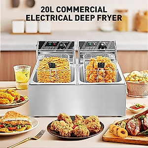 Rengue Commercial Deep Fryer 10.57QT x 2 Large Electric Deep Fryer with 2 Baskets and 2 Lids Countertop Fryer with Constant Temperature Control System for Restaurant and Home Use 3400W