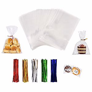 XLSFPY 100PCS Clear Cellophane Bags, 5x7 Small Treat Bags with Ties, Cake Pop Bags, Candy Bags, Goodie Bags, Rice Crispy Treat Bags, Clear Bags for Favors Birthday Party (5'' x 7'')