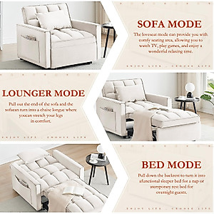 ROCKINGRUN 3 in 1 Sleeper Sofa Bed Chair with Adjustable Backrest, Side Storage Pocket and Throw Pillow, Velvet Convertible Single Pull Out Sleeper Sofa Couch Bed for Living Room Bedroom (Beige)