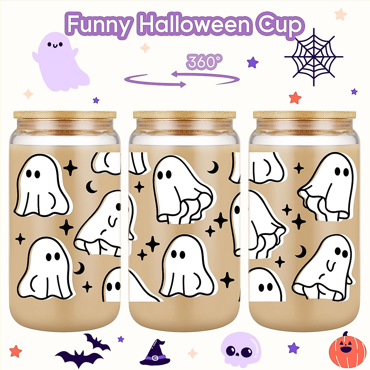 Coolife Funny Halloween Ghost Cup for Women, Cute Spooky Iced Coffee Cup, 16 oz Halloween Tumbler Glass Cups w/Lids Straws, Spooky Gifts for Her Teens, Boo Basket Stuffers, Halloween Gifts for Women