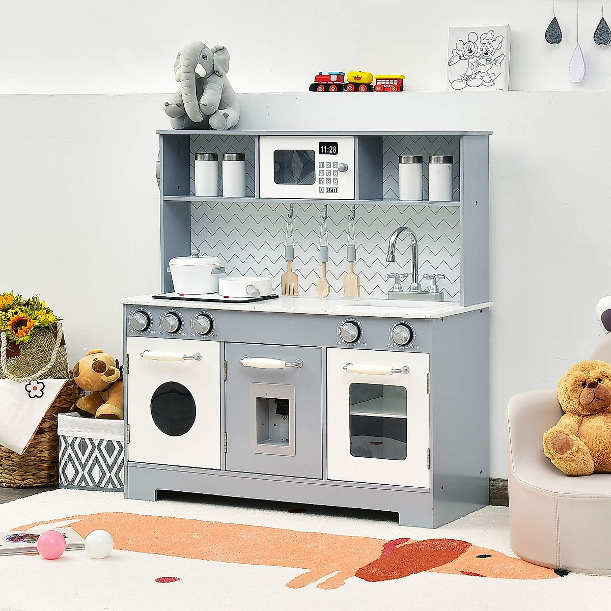 Costzon Kids Kitchen Playset, Wooden Pretend Cooking Playset w/Stove, Fridge, Microwave, Removable Sink, Water Dispenser w/Light Sound, Cabinets, Great Gift for Boys Girls