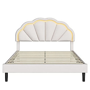 HIFIT Queen Upholstered Smart LED Bed Frame with Adjustable Elegant Flowers Headboard, Platform Bed Frame Queen Size with Wooden Slats Support, No Box Spring Needed, Easy Assembly, Beige