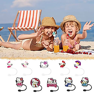 10pcs Drinking Straw Covers Cap, (Cute Cartoon Cat) Reusable Drinking Straw Tips Lids, Straw Toppers for Tumblers, Portable Cute Straw Tips Covers, Dust Proof Plugs Cap Protector 2D Style 7