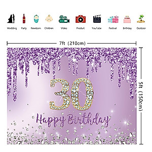 INRUI Purple Happy 30th Birthday Photography Background Girls Sweet Thirty Years Old Birthday Party Decorations Backdrop 7x5FT