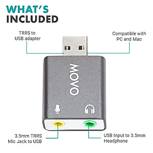 Movo USB-AC1 3.5mm TRRS Microphone to USB 2.0 Stereo Digital Audio Converter - USB Sound Card Adapter for Computer or Laptop - Convert USB Input to 3.5mm TRRS Headphone or Mic Jack