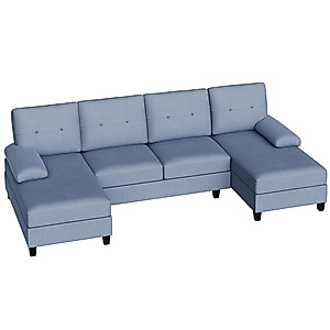 Shintenchi Sectional Couches for Living Room, U Shaped Sofa Couch with Double Chaise, 4-Seat Living Room Furniture Sets with Soft Cushion & Linen Fabric, Blue