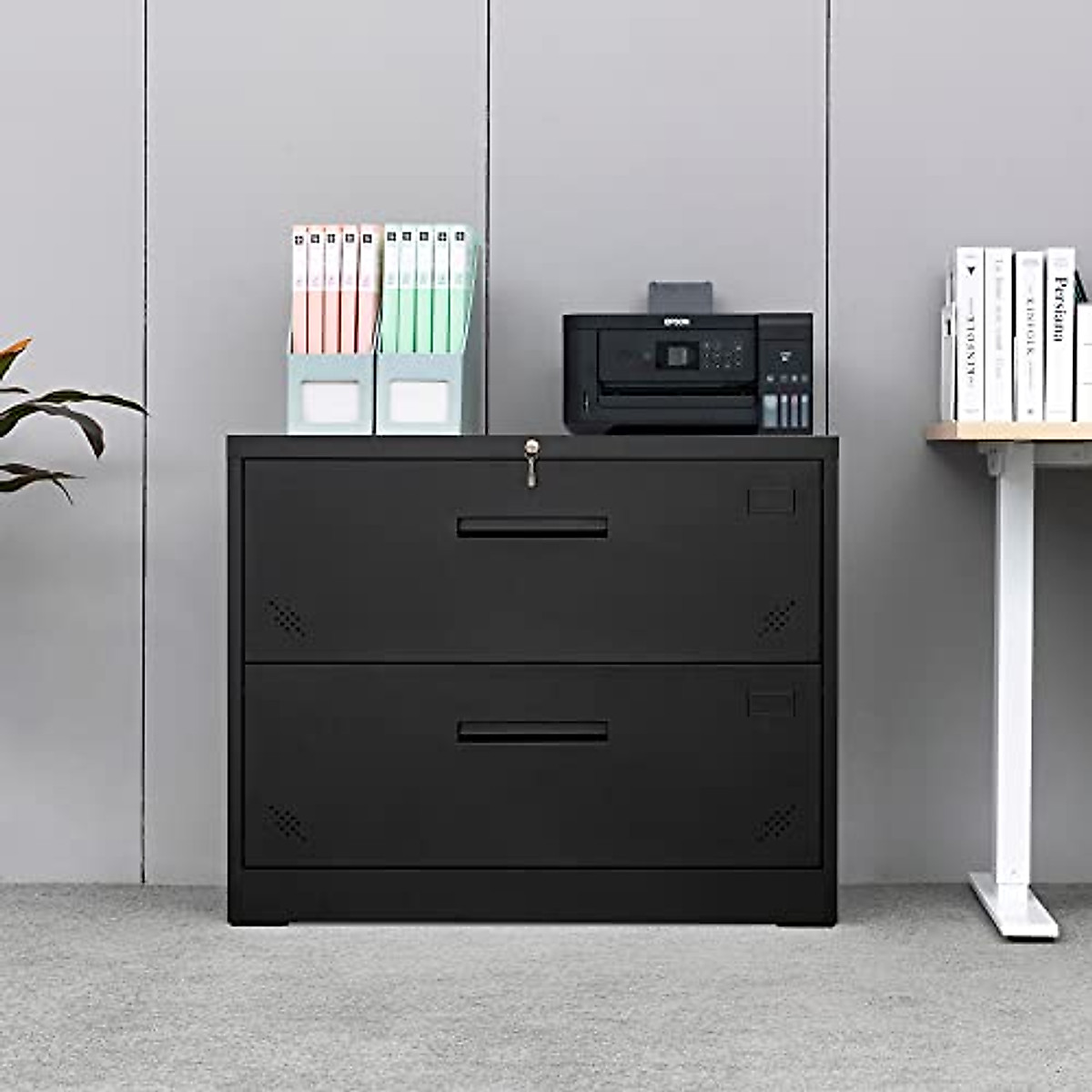 Yone jx je 2 Drawer Lateral Filing Cabinet for Legal/Letter A4 Size, Large Deep Drawers Locked by Keys, Locking Wide File Cabinet for Home Office, Metal Steel (Black)