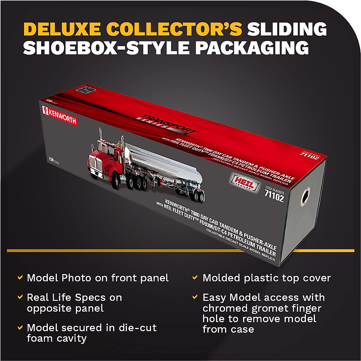 Diecast Masters Kenworth T880 SBFA Tractor Truck - Red | DayCab Pusher-Axle Tandem Tractor with Heil FD9300/DT-C4 Petroleum Trailer | 1:50 Scale Model Semi Trucks | Diecast Model 710102