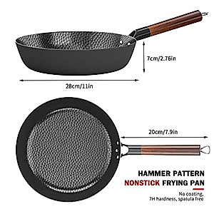 Iron Wok and Stir Fry Pans,11 inch Carbon Steel Pan Pure Hand Hammered Woks Uncoated Non-Stick Cast Iron Wok Chinese Wok Cookware Pan Kitchen Tools for Gas and Induction Cooker